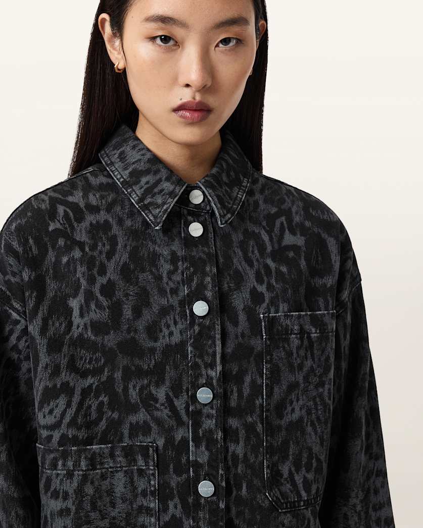 Nicky Denim Leopard Print Shacket LEPPO BLACK | ALLSAINTS DE